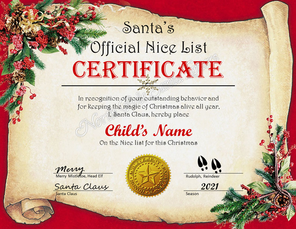 Santa's Official Nice List Certificate - North Pole Santa Letters